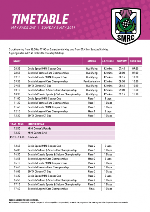 Round 2 2019 Timetable | Now Available | Scottish Motor Racing Club