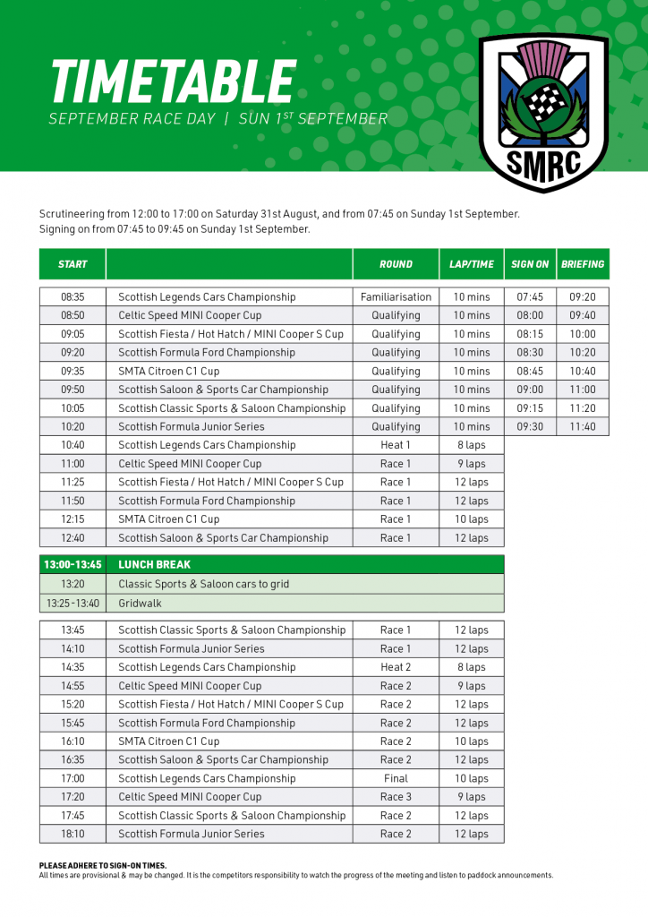 September 2019 Timetable | Now Available | Scottish Motor Racing Club